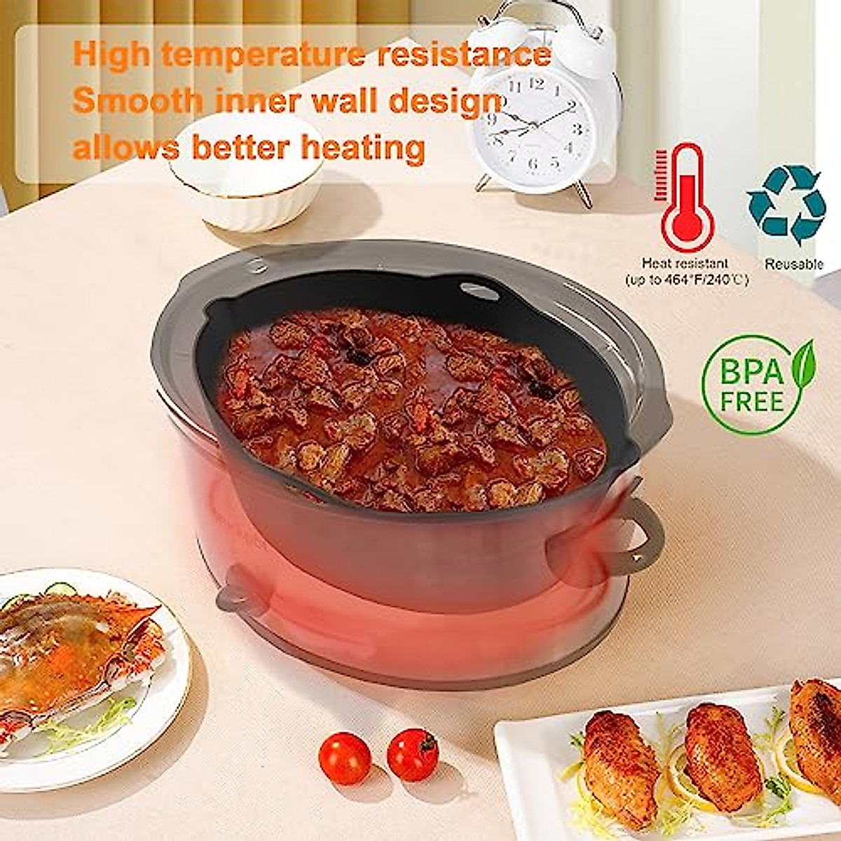 LAECHATAR Silicone Crockpot Liner Reusable Fit 7-8 Quart Oval Crock Pots/Slow Cookers- Prolong The Life of Your Slow Cooker (Grey/1pc)