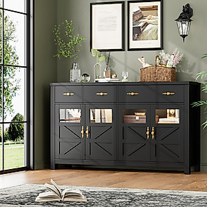 FINETONES Buffet Cabinet with Storage, 55.1" Large Sideboard Buffet Cabinet, Farmhouse Sideboard Kitchen Cabinet with 2 Drawers and 4 Doors, Wood Coffee Bar Cabinet Buffet Table for Kitchen, Black