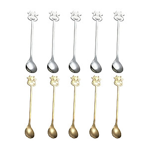 DOITOOL 10Pcs Dessert Spoons Stainless Steel Stirring Spoons Cute Cow Shape Coffee Spoons Milkshake Cake Spoon Silverware Golden Spoons