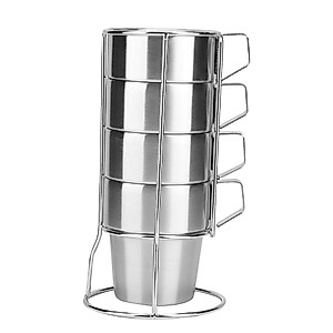 Tomotato Stackable Stainless Steel Coffee Cups, 4 Pcs Stainless Steel Mugs Double Wall Insulated Coffee Mugs Stackable Coffee Mug with Handle and Mug Rack for Home Coffee Shop