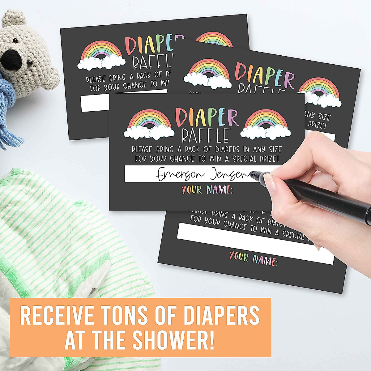 Hadley Designs 25 Baby Shower Diaper Raffle Tickets For Baby Shower Games To Play - Rainbow Baby Shower Games Gender Neutral, Diaper Raffle Cards, Baby Raffle Tickets, Baby Shower Invitation Inserts