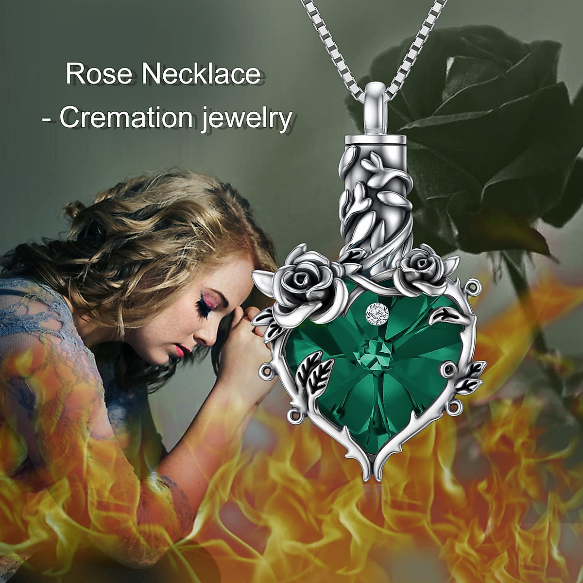 TOUPOP Emerald Rose Urn Necklace for Ashes for Women with s925 Silver Heart Crystal Rose Flower Ashes Pendant Necklaces Cremation Jewelry for Ashes Memorial Gift for Women Keepsake w/Funnel