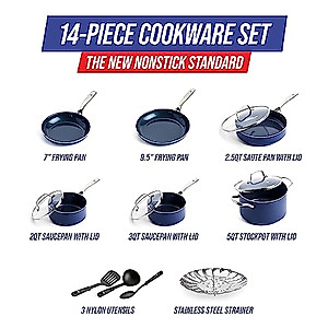 Blue Diamond Cookware Diamond Infused Ceramic Nonstick, 14 Piece Cookware Pots and Pans Set, PFAS-Free, Dishwasher Safe, Oven Safe