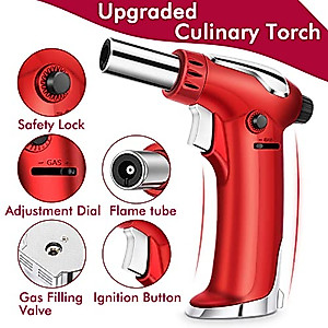 Butane Torch, Vimzone Torch Lighter with Safe Lock, Adjustable Flame Blow Torch, Fit All Butane Tanks Kitchen Torch for BBQ, Baking, Brulee Creme, and Desserts (Butane Gas Not Included) Red…