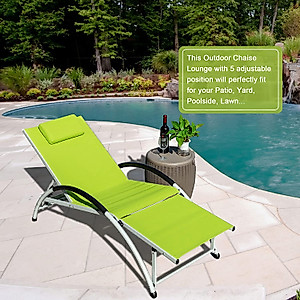 Sundale Outdoor Adjustable Patio Chaise Lounge, 6 Position Lounge Chair, All Weather Outdoor/Indoor Lounge for Reading, Meditation, Sleeping, Exercising, Green