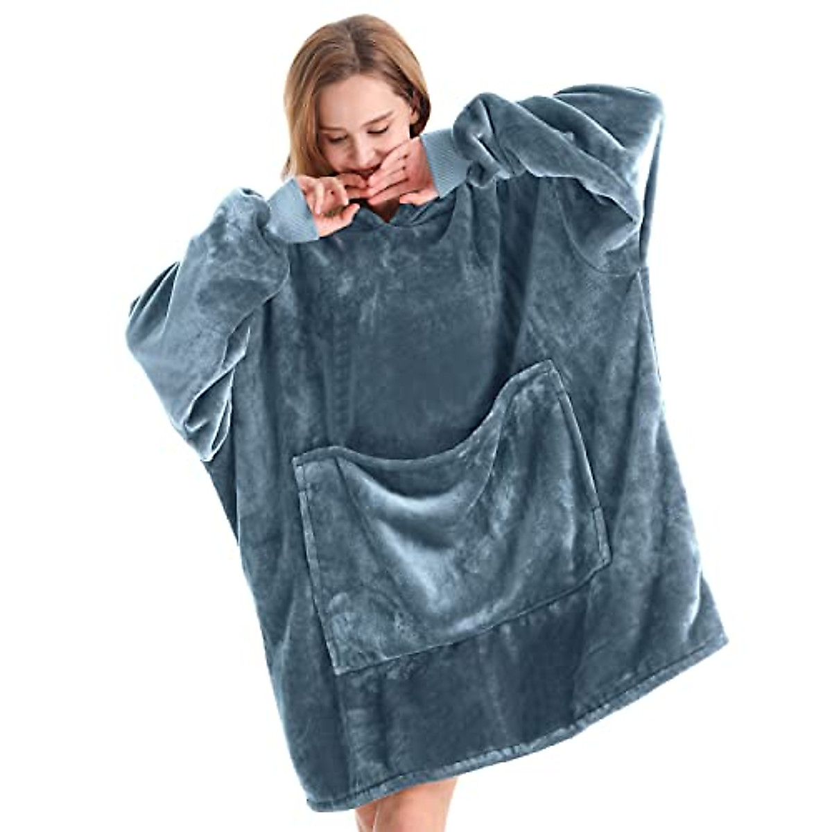 Aemilas Wearable Blanket Hoodie,Oversized Blanket Sweatshirt with Hood Pocket and Sleeves,Cozy Soft Warm Plush Flannel Hooded Blanket for Adult Women Men,One Size Fits All(Grey)