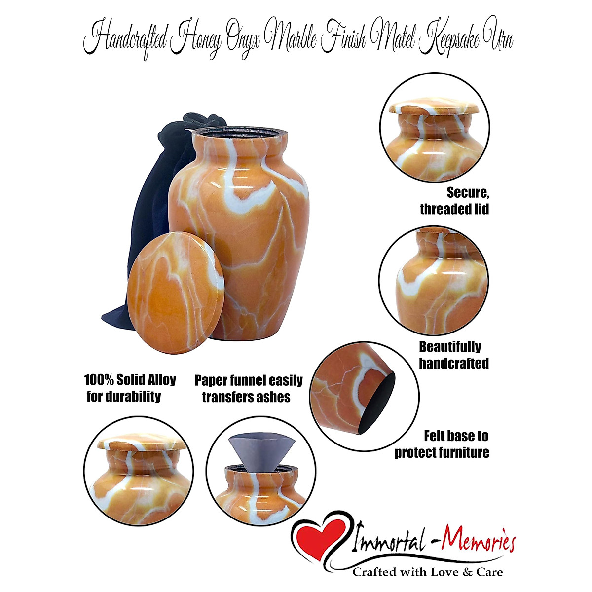 Marble Finish Metal Keepsake Urn - Mini Cremation Urn for Human or Pet Ashes - Token Urn - Sharing Memorial Urn with Velvet Bag (Honey Onyx)