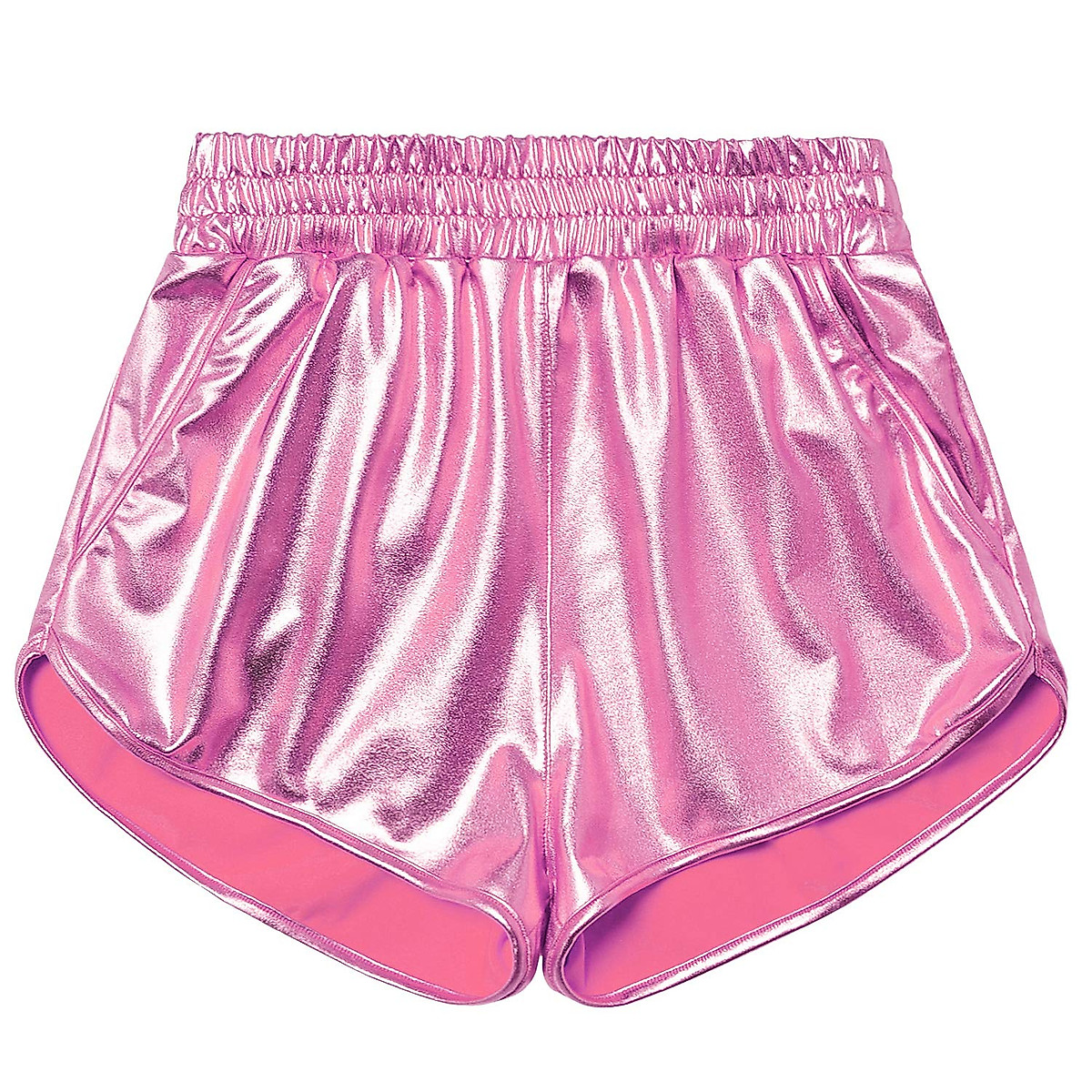 Pink Girls Metallic Gymnastics Shorts Rave Spandex Dance Shorts Shiny Hot Pants 6 7