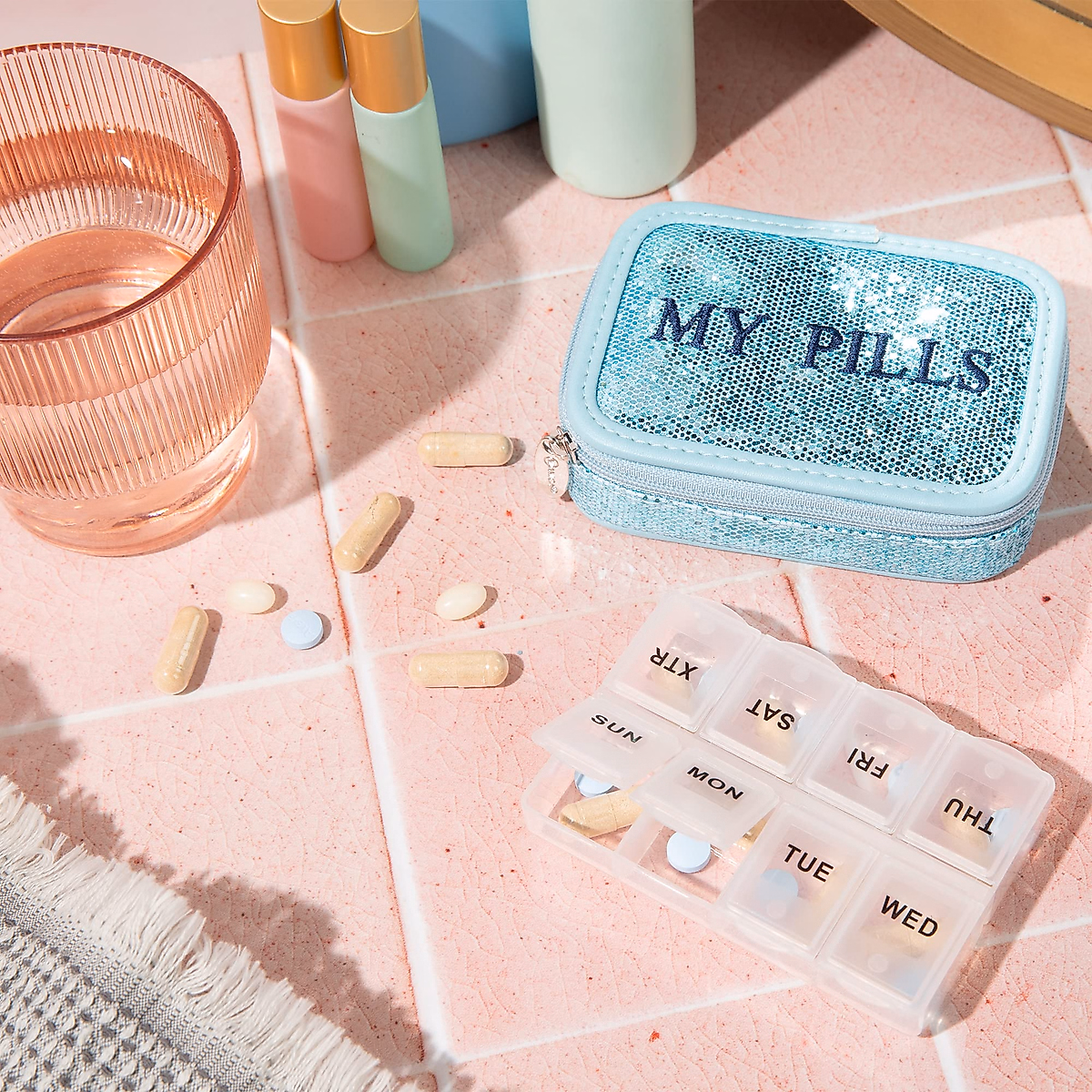 MIAMICA Women's Zippered Pill Case 8-Day Removable Plastic Organizer, 3.50'' x 4.25'' x 1.30'', Weekly Medicine Box Compact Design, Blue Glitter