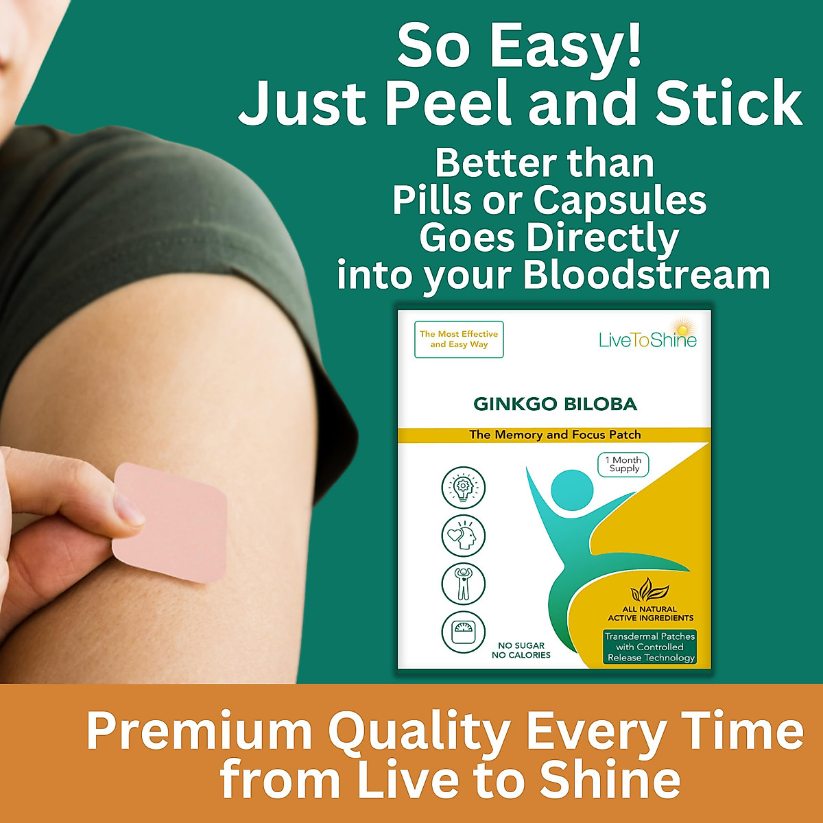 Live To Shine Ginkgo Biloba Patch - 30 Gingko Transdermal Patches - One Month Supply for Women and Men - USA Made