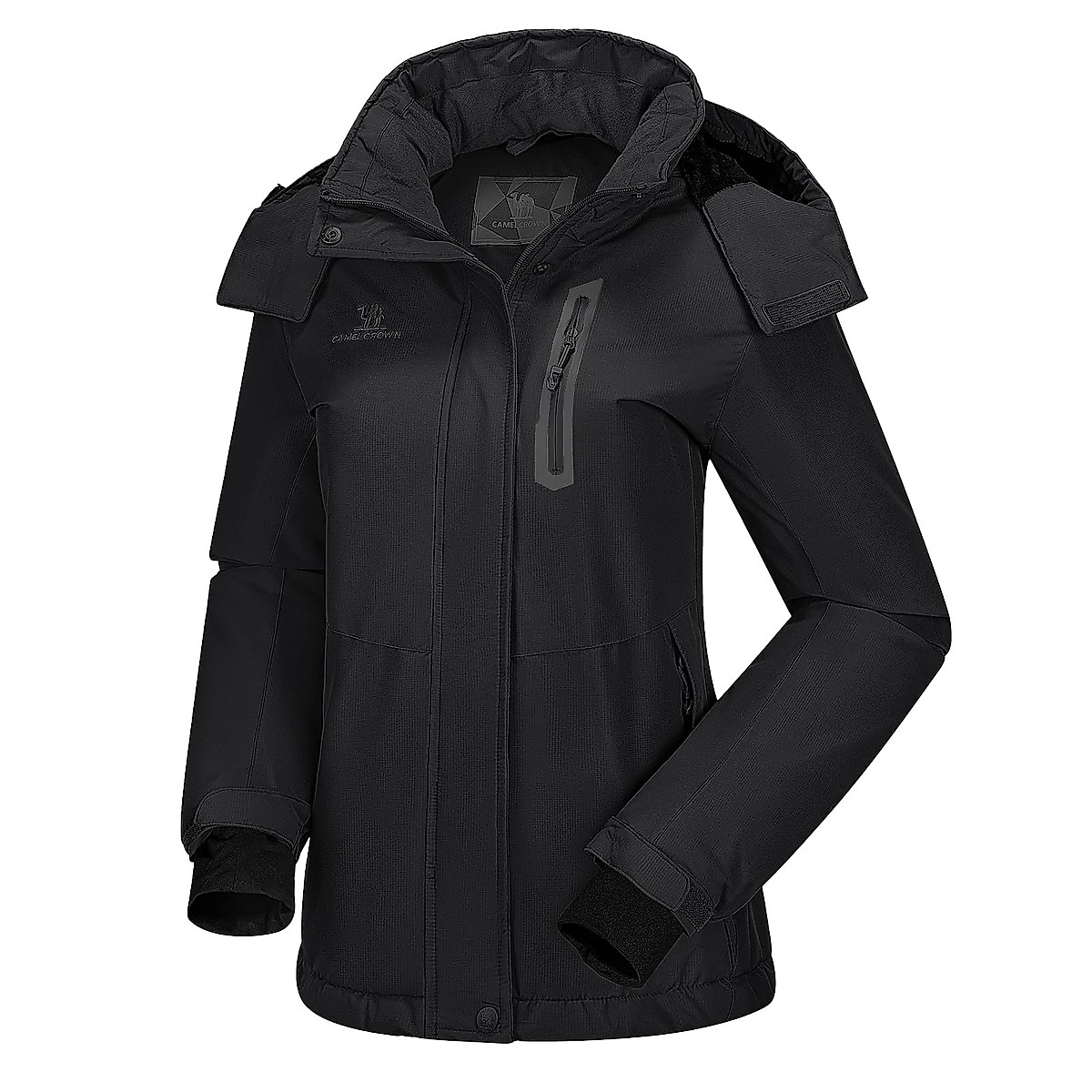 CAMEL CROWN Women's Ski Jacket Waterproof Warm Winter Snow Coat Hooded Mountain Outdoor Windbreaker Windproof Jacket Black XL