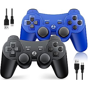 OKHAHA Controller 2 Pack for PS3 Wireless Controller for Sony Playstation 3, Double Shock 3, Bluetooth, Rechargeable, Motion Sensor, Remote for PS3 (No Stripes(Black + Blue))