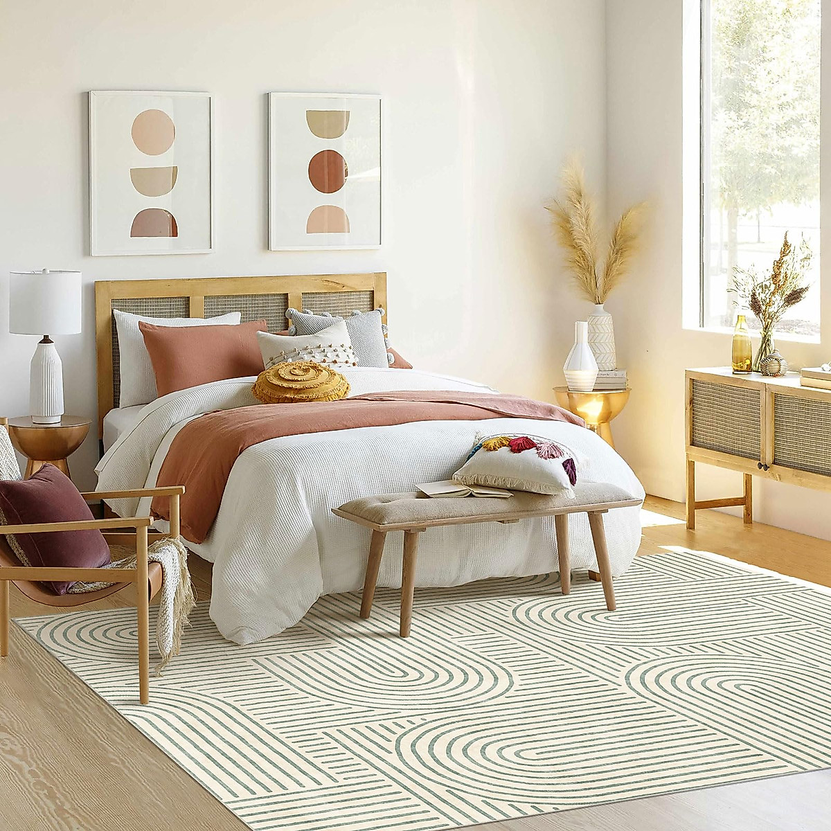 LUXRUG Washable Area Rug 8x10 - Large Sage Green Boho Rugs for Living Room Soft Abstract Bedroom Rug Ultra-Thin Modern Rainbow Carpet Stain Resistant Rug for Dining Room Nursery Room Home Decor