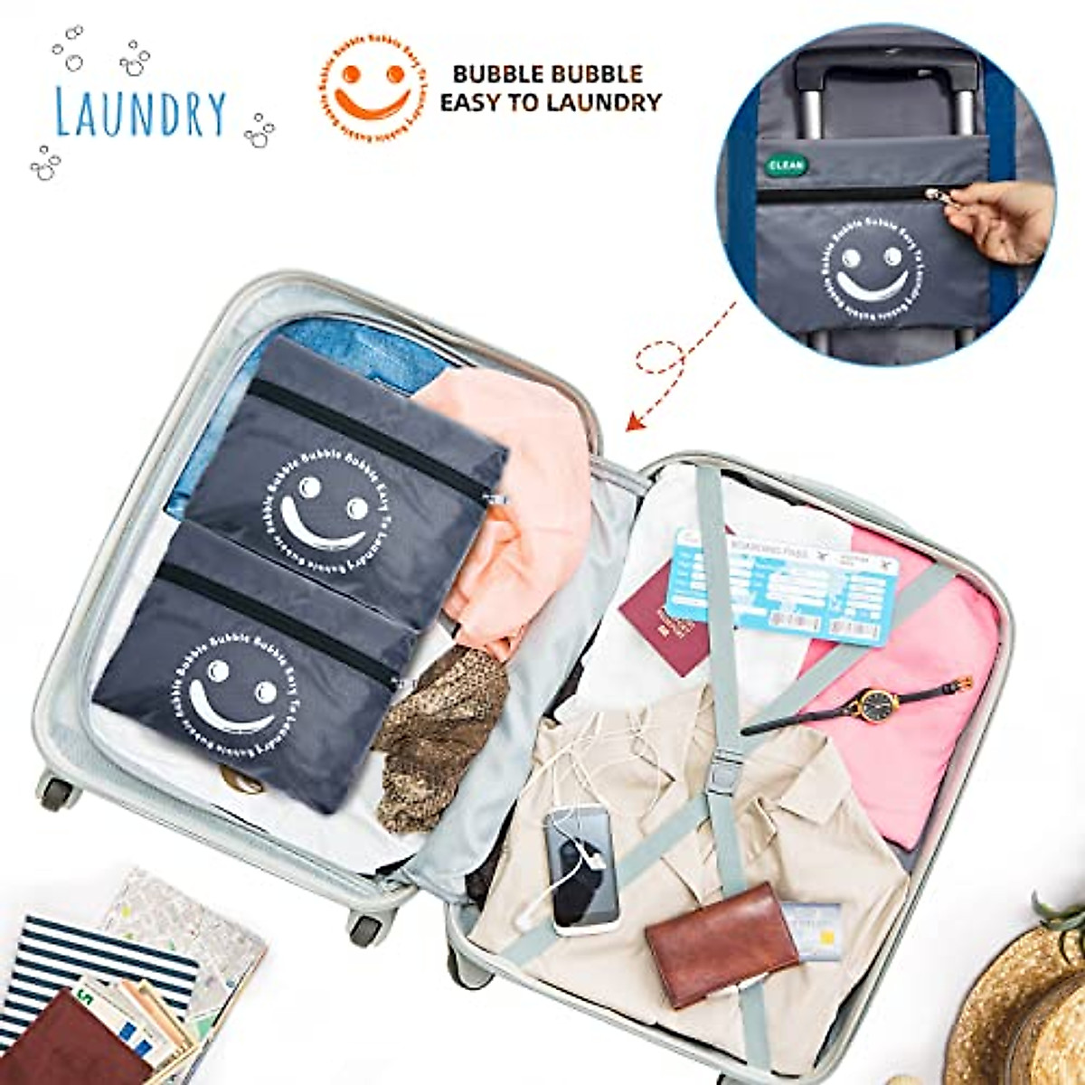 BUBBLE Traveling Laundry Bag, Camp Laundry Bags With Strap, Large Laundry Bags for Travel, Dirty Clothes Bag, Washable Nylon Laundry Bag With Handles For Boys Girls College Students Heavy Duty