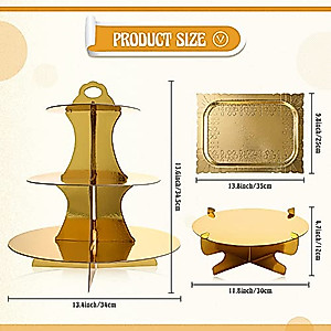 Gold Tablecloth 54 x 108 Inch Plastic Tablecloth with 7 Pieces Gold Cake Stand Set, 3 Tier Cardboard Cupcake Stand 1 Tier Round Dessert Stand Rectangle Serving Tray for Desserts Birthday Party