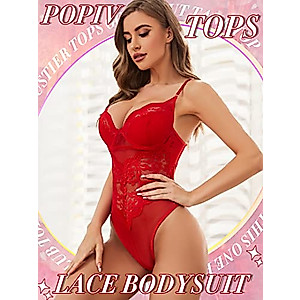 popiv Women Lace Bodysuit Sexy Mesh Teddy Lingerie Cami Bustier Tops Going Out Tank Top