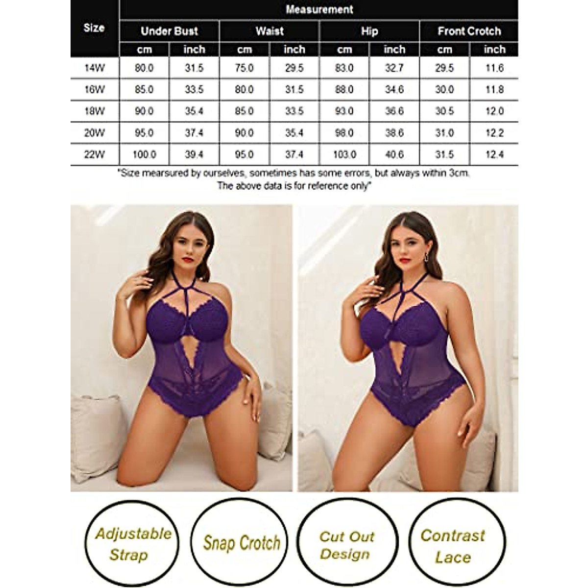 Avidlove Plus Size Lingerie for Women Purple Teddy Lingerie Lace Bodysuit Babydoll