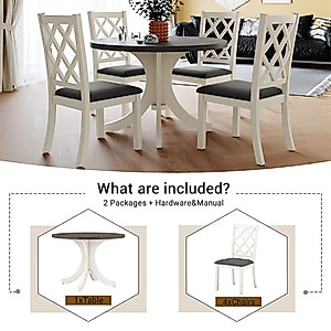 HZSSDTKJ 5-Piece Mid-Century Solid Wood Dining Table Set, 42" Wooden Round Dining Table with 4 Upholstered Chairs for Small Places, Family Kitchen Furniture for 4 People (Brown+Gray-02)