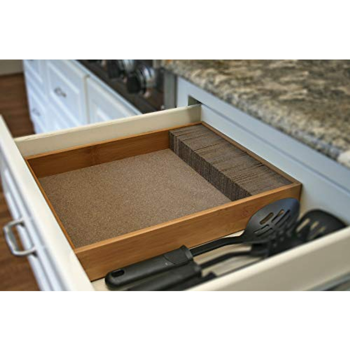 Deluxe KNIFEdock - In-drawer Kitchen Knife Storage (15 in x 13 in x 2.5 in)- Easily Identify Your Knives At A Glance. Frees Up Your Counter Space. Cork Composite Material Never Dulls Your Blades.