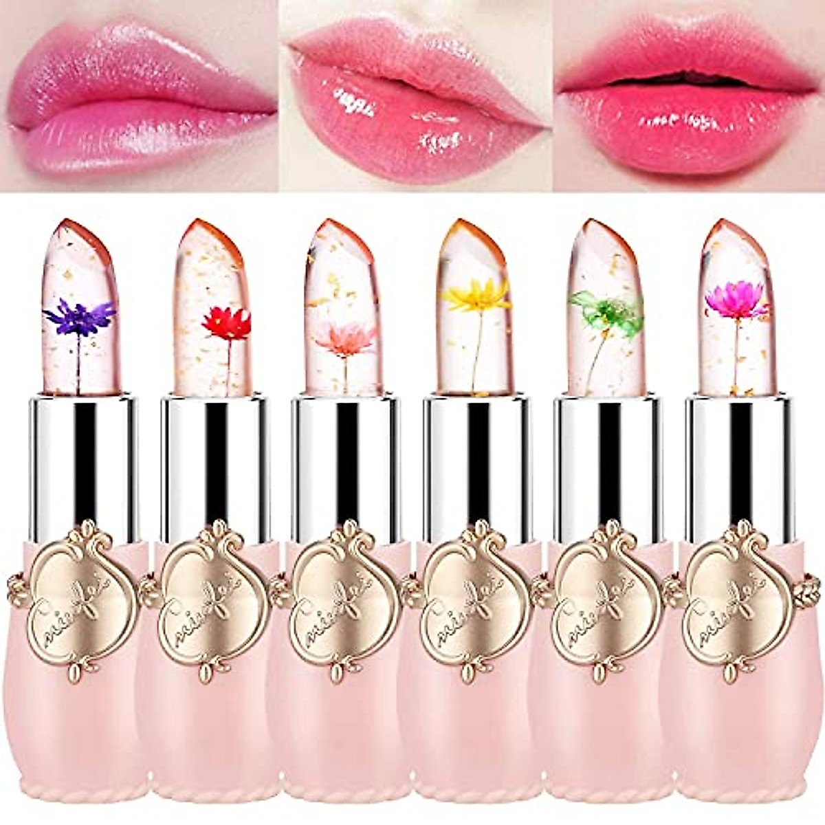 firstfly Pack of 6 Crystal Flower Jelly Lipstick, Long Lasting Nutritious Lip Balm Lips Moisturizer Magic Temperature Color Change Lip Gloss (Pink)