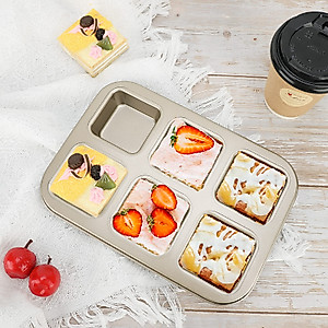 Beasea Brownie Pan, 1 Pack 6 Cavity Gold Nonstick Square Mini Brownie Muffin Cake Pan Cheesecake Cupcake Bakeware Carbon Steel Brownie Baking Tray 2x3 Individual Cutter Bakeware for Oven Baking