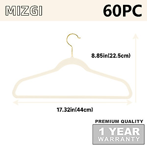 MIZGI Ivory Velvet Hangers 60 Pack,Premium Gold Clothes Hangers Non-Slip Felt Hangers,Sturdy Ivory Hangers Heavy Duty Coat Hangers,Durable Suit Hangers for Space Saving, No Flocked Hanger Marks