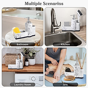 zccz Soap Dispenser with Sponge Holder and Brush Holder, Marble Pattern Kitchen Dish Soap Dispenser Pump Bottle Countertop Sink Caddy Bathroom Organizer Sponge Holder for Sink Storage and Organization