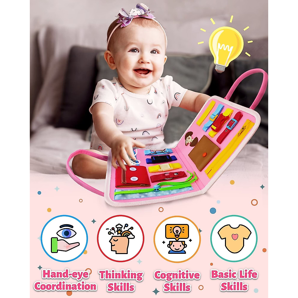 Exorany Busy Board Montessori Toys for Toddlers Sensory Toys Gifts for 1 2 3 4 Year Old Girls & Boys Preschool Toddler Activities Educational Travel Toy Learning Basic Dress Skills (Pink)