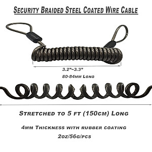 Bytiyar 4 pcs Stainless Steel 4mm Thickness Vinyl Cover Wire Cable Spring Coiled Cable Lock Safety Tether Lanyard with Loops Ended, Extended 5 Feet (150cm),Gun Gray