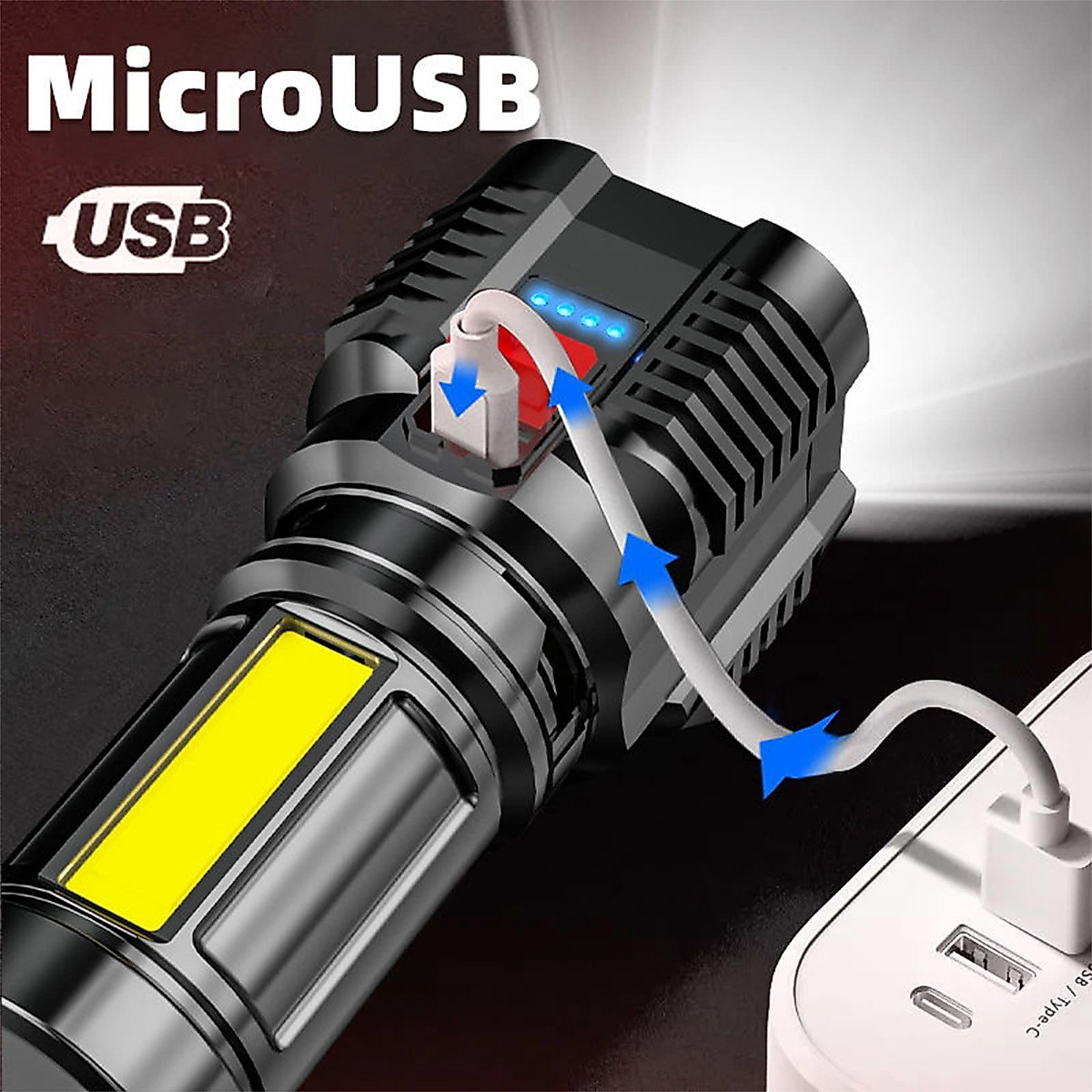 Five Explosion LED Flashlight Super Bright Rechargeable Camping Flashlight Table Lamp 4 Modes with COB Work Light, IPX6 Waterproof, Powerful Handheld Flash Light for Emergencies, Camping, Hiking