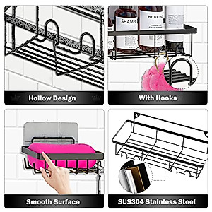 Ginkgo Shower Caddy 4-Pack, Adhesive Shower Organizer Shelf with Hooks + 2 Soap Holders, No Drilling Wall Mount Stainless Steel Shower Shelves Bathroom Basket Rack for Shower Storage (Matte Black)
