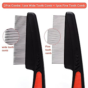 Iluadme 2 Pieces Fine Tooth and Wide Tooth Dog Grooming Comb - Rubber Handle Hair Comb for Small Dogs & Cats with Flea and Tick Removal (2PCS, Black Red)