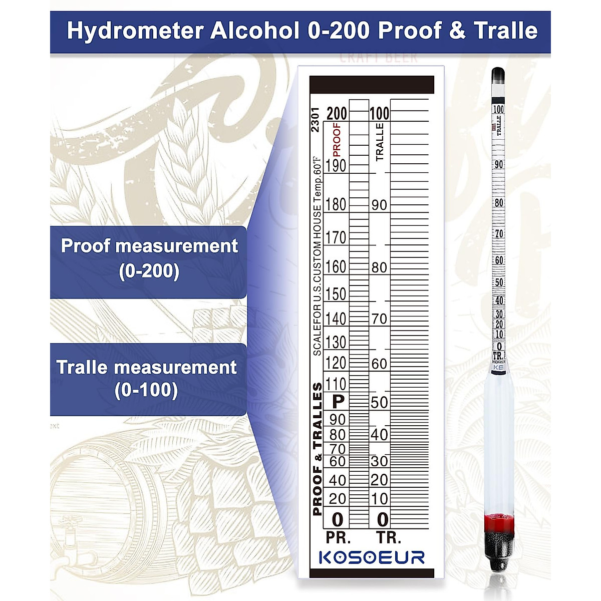 Hydrometer Alcohol Meter Kit, Hydrometer Alcohol 0-200 Proof and Tralle, Alcohol Tester for Liquor, Alcohol Hydrometer for Moonshine, Liquor, Spirits, Proofing, Distilling, with Hydrometer Test Jar