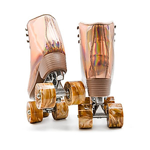 FoxySkate Roller Skates Women, Double Row & 4 Wheels Shiny Roller Skates for Women and Men, Adjustable, Indoor and Outdoor Roller Skates for Girls, 7 - 10 US - Rose Gold 9