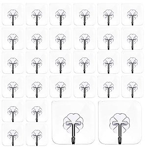 Mlici Adhesive Hooks Wall Hooks, 24 Pack Clear Hooks Transparent Reusable Seamless Hooks, Strong Sticky Rotating Wall Hangers, 30lb(Max) Heavy Duty Hanging Hooks for Kitchen Bathroom