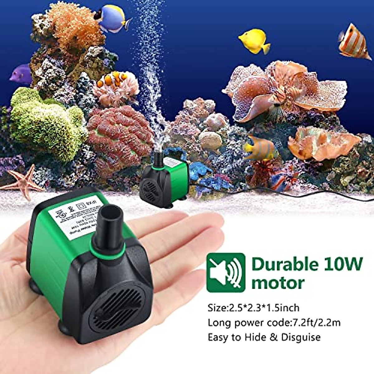 CWKJ Fountain Pump, 160GPH (10W 600L/H) Water Fountain Pump, Outdoor Submersible Fountain Pump with 4.9ft Tubing (ID x 1/3-Inch), 3 Nozzles for Aquarium, Pond, Fish Tank, Water Pump Hydroponics