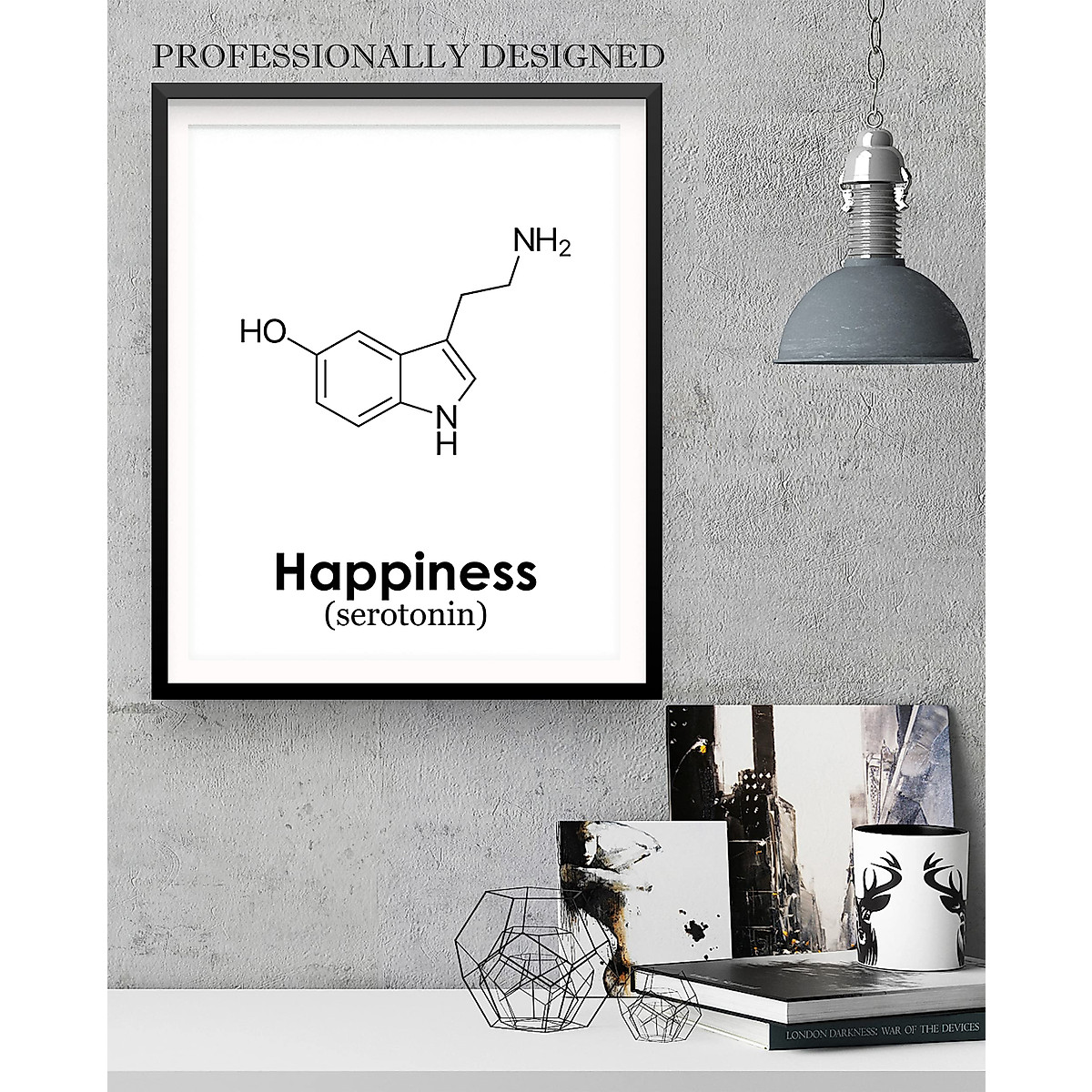 Happiness Serotonin Molecule Wall Art 11x14 Unframed Art Print Poster Black on White for Office, Classroom, Science Laboratory or Home Décor. Great Gift For Scientists, Chemists, Geeks and Nerds