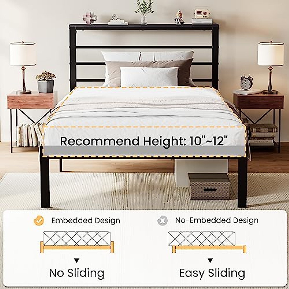 SHA CERLIN Twin Size Bed Frame with Headboard Shelf, Heavy Duty Platform Bed Frame with Strong Metal Foundation, No Box Spring Needed, Black