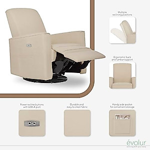 Evolur Harlow Deluxe Upholstered Plush Seating Glide Rocker, Swivel, Power Recliner with USB Port, Greenguard Gold Certified, Glider Chair for Nursery in Shell