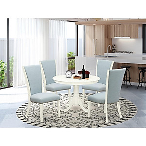East West Furniture HLVE5-LWH-15 5 Piece Dining Set Includes a Round Dining Room Table with Pedestal and 4 Baby Blue Linen Fabric Upholstered Chairs, 42x42 Inch, Linen White