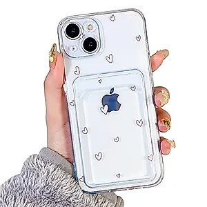 NITITOP Compatible for iPhone 13 Case Clear with Card Holder, Cute Heart Pattern Love Design for Women Girl, Protective Soft TPU Shock-Absorbing Wallet Case for iPhone 13-Pink Heart