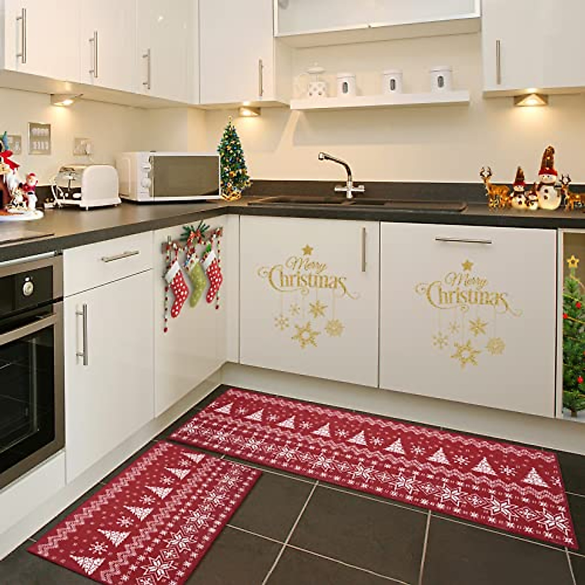 CAROMIO Machine Washable Kitchen Mat Christmas Kitchen Runner Mat Sets Non Skid Kitchen Floor Mats for Kitchen Laundry Sink Under Door, 17"x29"+17"x47"