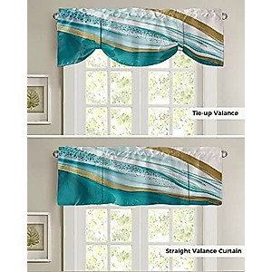 Abstract Tie Up Valance for Kitchen Windows, Turquoise White Gold Marble Texture Tie-up Curtain Shade Valances 42"x12" Rod Pocket Short Curtains Window Treatment for Living Room Stone Fluid Art