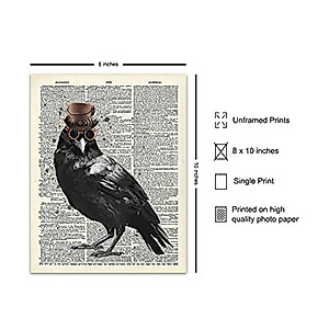 Steampunk Edgar Allan Poe The Raven Wall Art - Gothic Home Decor - Goth Room Decor - Renaissance Hipster Dictionary Art Accessories for Bedroom, Living Room - Hipster Gift for Men, Women