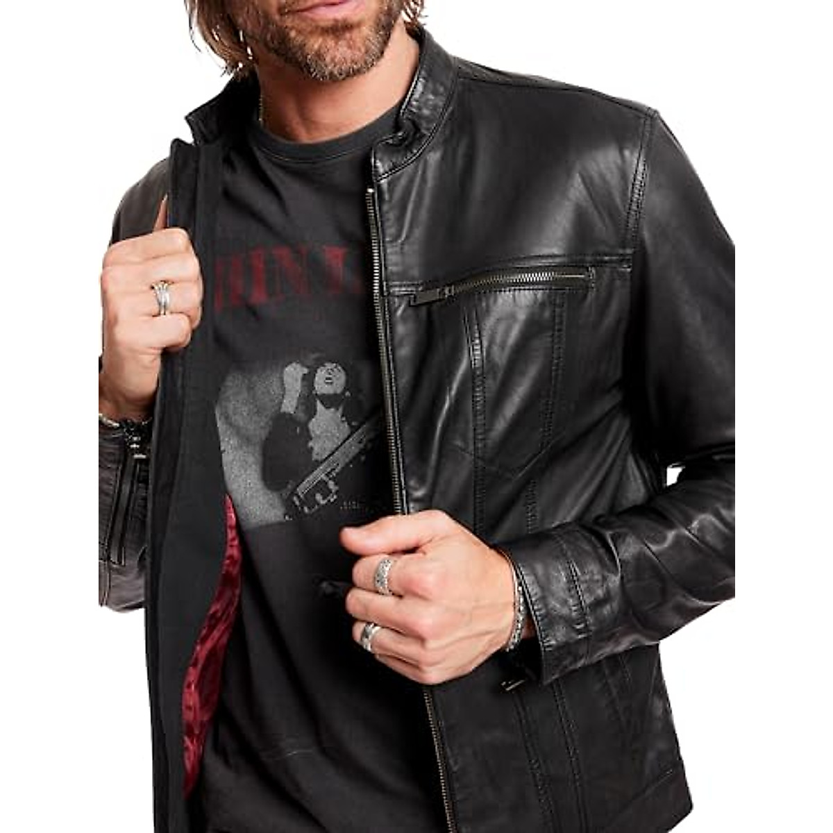 John Varvatos Star USA Men's Band Collar Leather Jacket, Black, X-Large