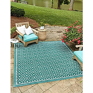 Unique Loom Outdoor Trellis Collection Area Rug Geometric Diamonds Flatweave Design, Tribal Inspired for Indoor/Outdoor Décor (7' 10 x 7' 10 Square, Teal)