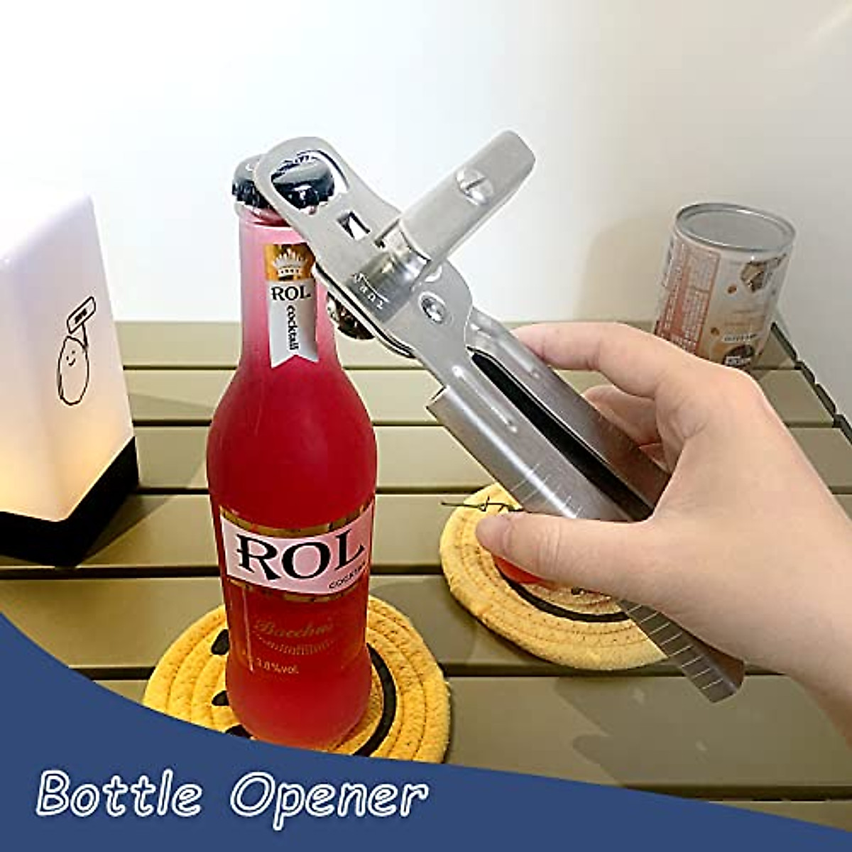 Can Opener Heavy Duty Stainless Steel Manual Can Opener Oversized Easy Turn Knob Sharp Cutting Wheel Good Grips with Built-in Bottle Opener