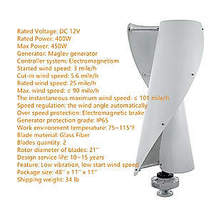 Wind Turbine Generator Kit 450W DC 12V Vertical Wind Power Turbine Generator Kit with Charge Controller 3 Phase AC Permanent Magnet Generator for Home RV Boat Marine Electricity Set (with 2pcs Blades)