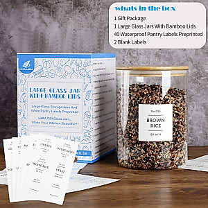 HHMJSM Large Glass Storage Jars With Airtight Bamboo Lid - 100 Fl Oz Thicken Kitchen Glass Food Storage Canister With 42 Pantry Labels - Big Clear Flour And Sugar Containers Farmhouse