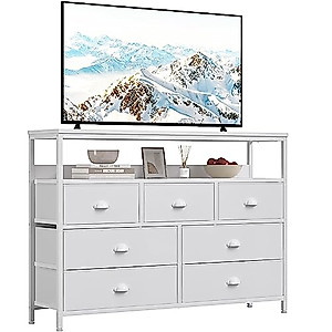 Furologee White TV Console Table, TV Stand with 7 Storage Drawer, Sofa Table with 2-Tier Shelves, Entertainment Center for 45" TV, Storage Fabric Drawer Unit for Bedroom, Living Room, Entryway